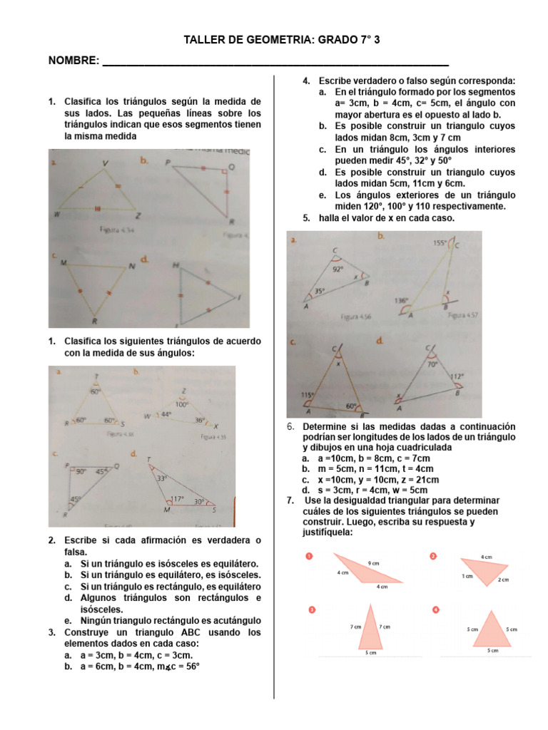 Taller de Geometria 7° | PDF | Triángulo | Rectángulo