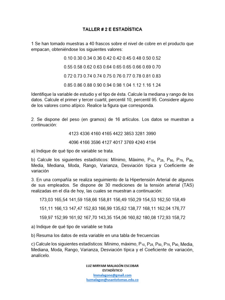 Taller 2 Estadã Stica 2021-2 | PDF | Probabilidad | Desviación Estándar
