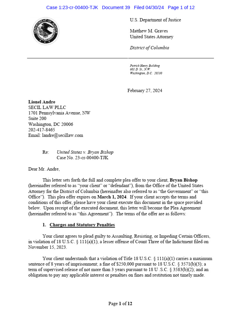 Bryan Bishop Plea Agreement | PDF | United States Federal Sentencing ...