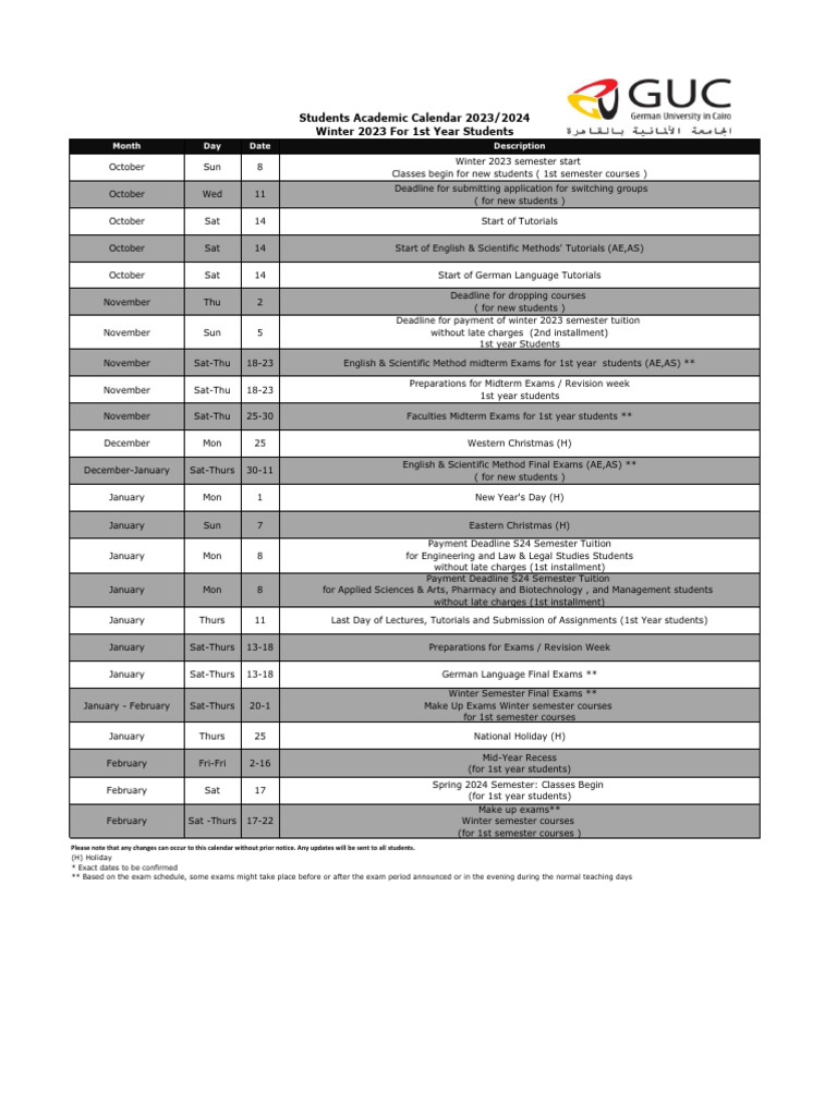 GUC - Winter 2023 Calendar - 1st Year Students - Final | PDF | Academic ...