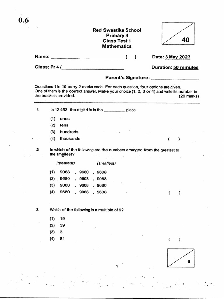 P4 Maths 2023 WA1 Redswastika | PDF