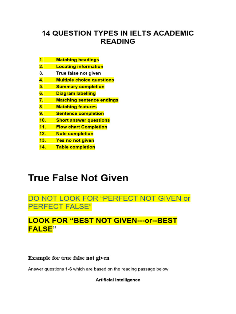 3-IELTS Academic Reading True False Not Given-WITH ANSWERS | Download Free PDF | Artificial ...