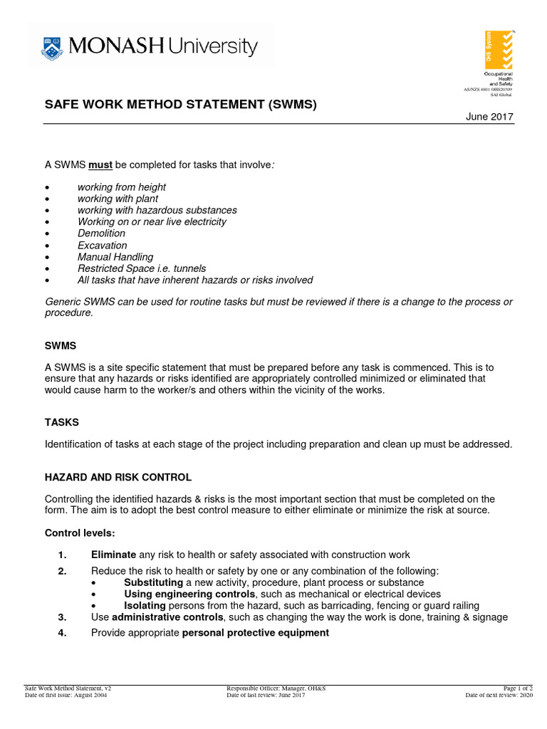 Safe Work Method SWMS 30jun17 | PDF | Risk | Hazards