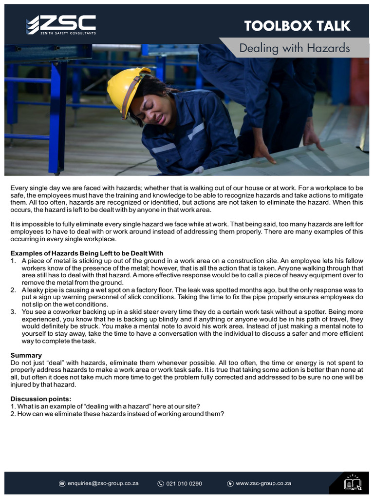 Dealing With Hazards Zenith Safety Toolbox Talks | PDF | Occupational Safety And Health | Hazards