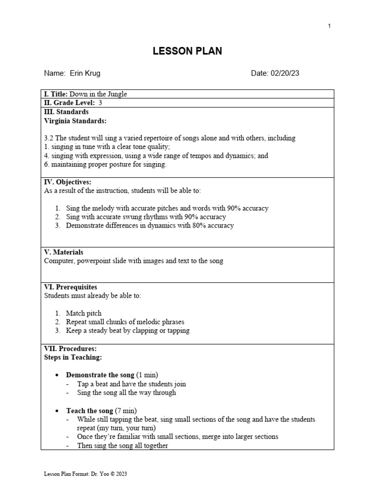 Down in The Jungle Lesson Plan | PDF | Refrain | Lesson Plan