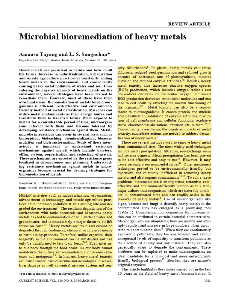 Microbial Bioremediation of Heavy Metals: Amanso Tayang and L. S. Songachan | PDF | Bacteria | Gene