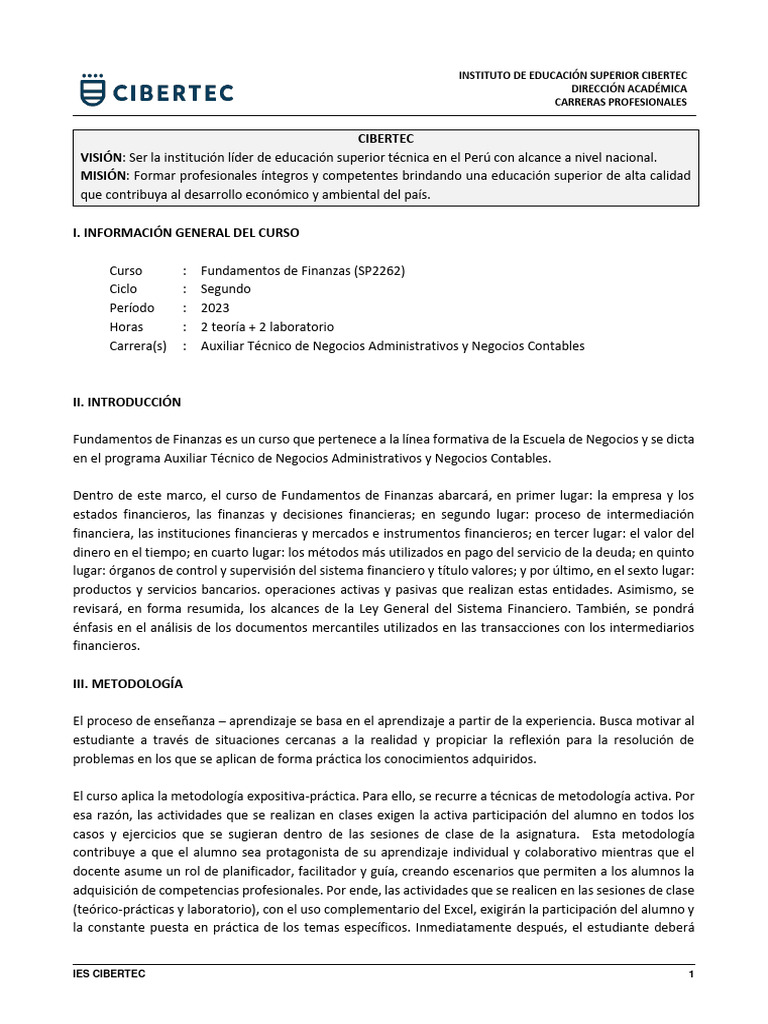 Sílabo 2023 02 Fundamentos de Finanzas (2262) SP V2 | PDF | Business ...