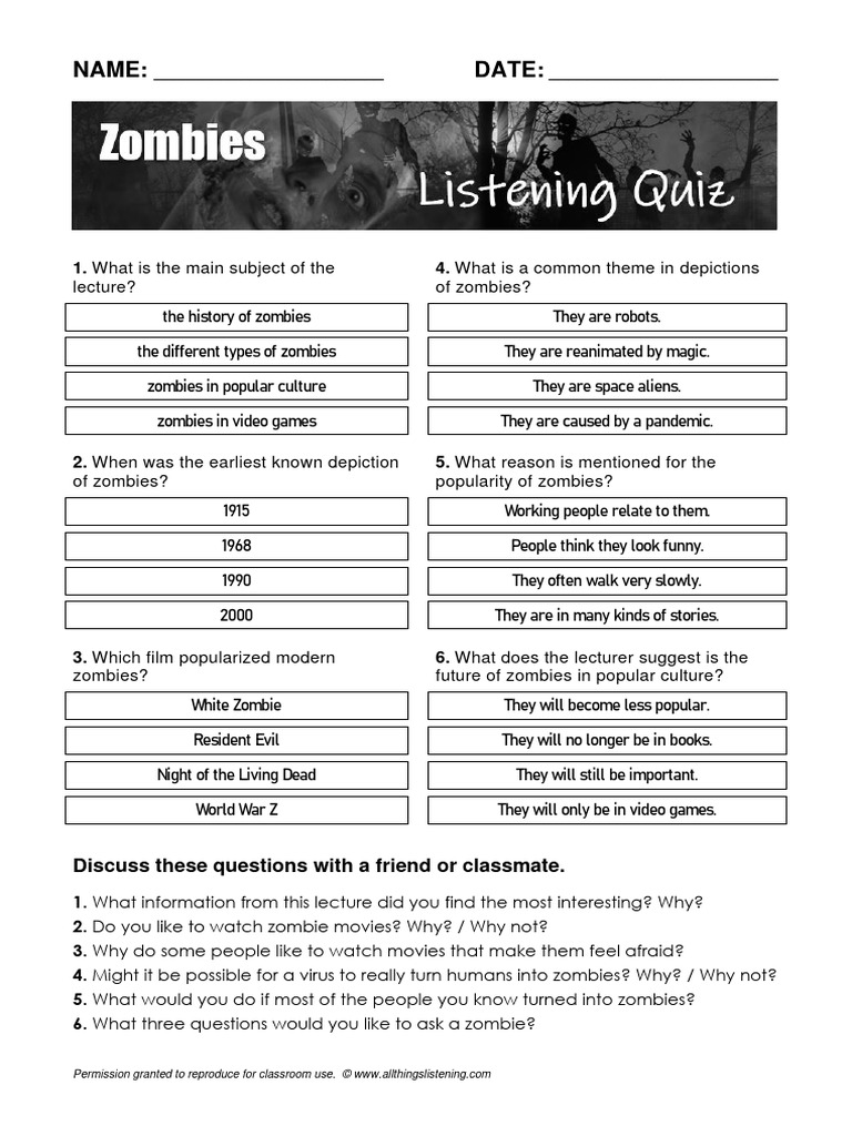 Zombies Listening Quiz 230217 | Download Free PDF | Zombies