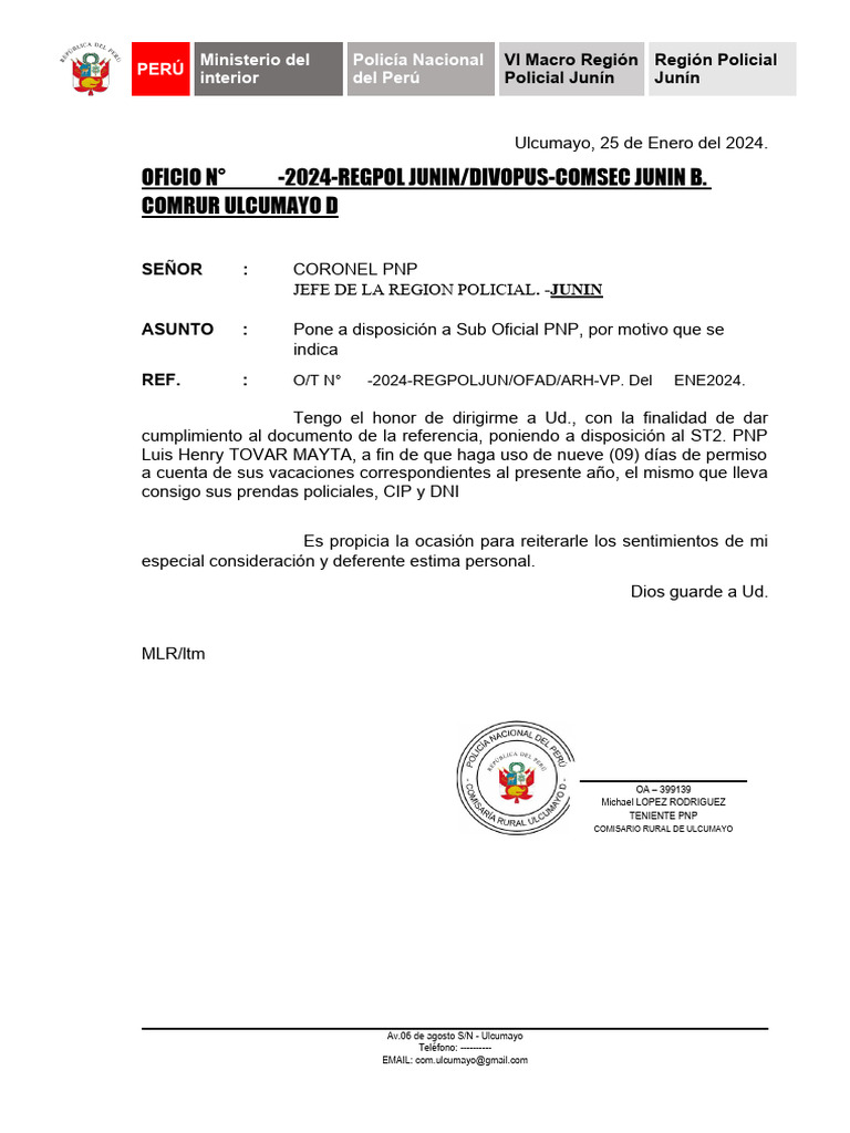 Oficio Pone A Disposicion | PDF | Perú | Gobierno Oficio Pone A Disposicion | PDF | Perú | Gobierno