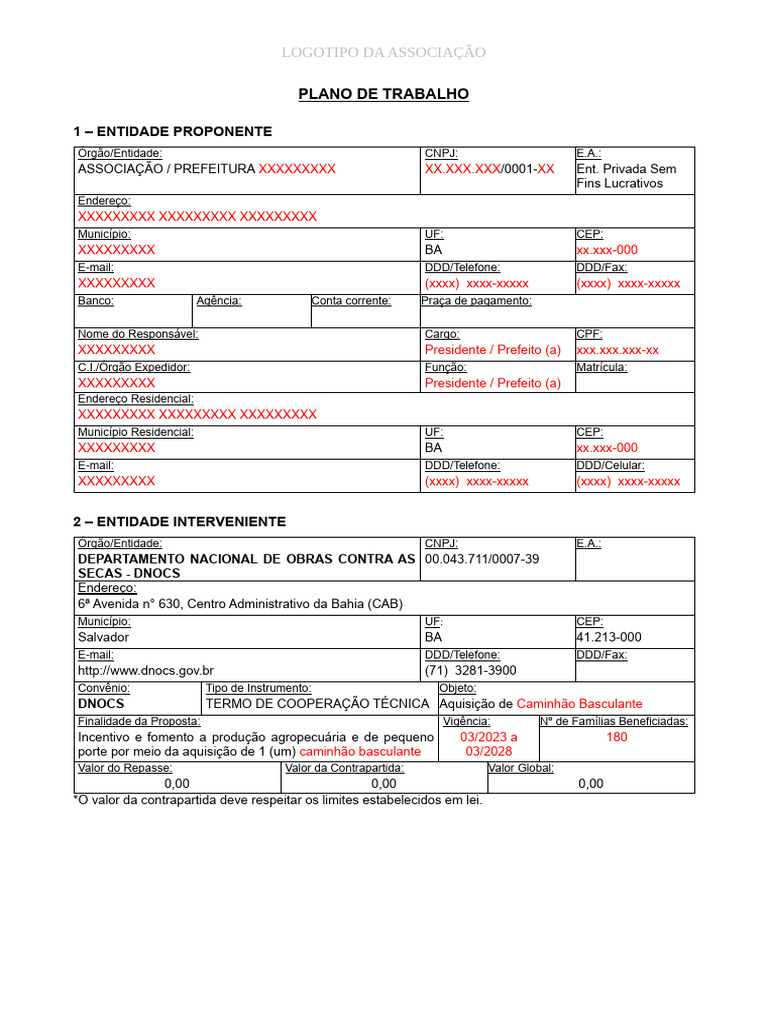 Modelo de Plano de Trabalho - Modelo Atualizado | PDF | Agricultura | Economias