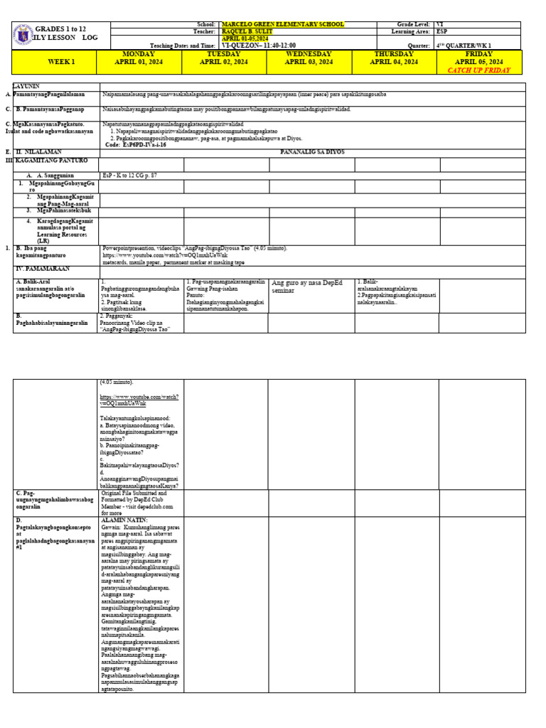 Dll-Esp6 q4 Wk1 April 1-5,2024 Sulit, R. | PDF