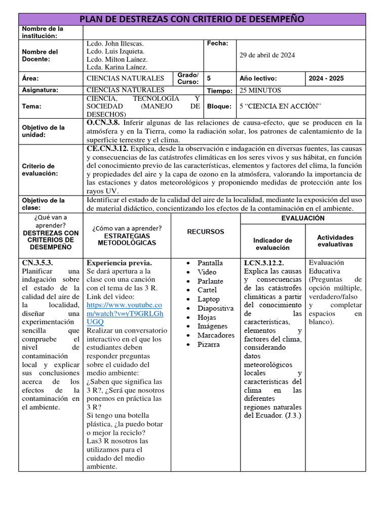 Plan de Destrezas Con Criterio de Desempeño - Grupo N°5 | PDF ...