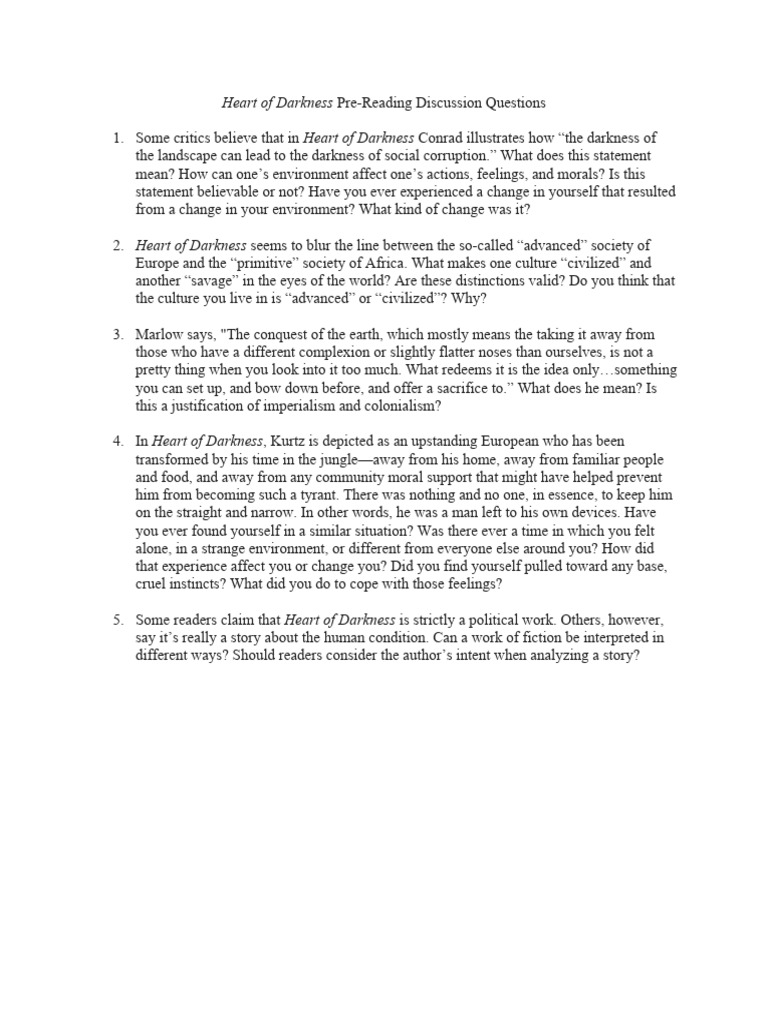 Heart of Darkness Pre-Reading Discussion Questions | PDF