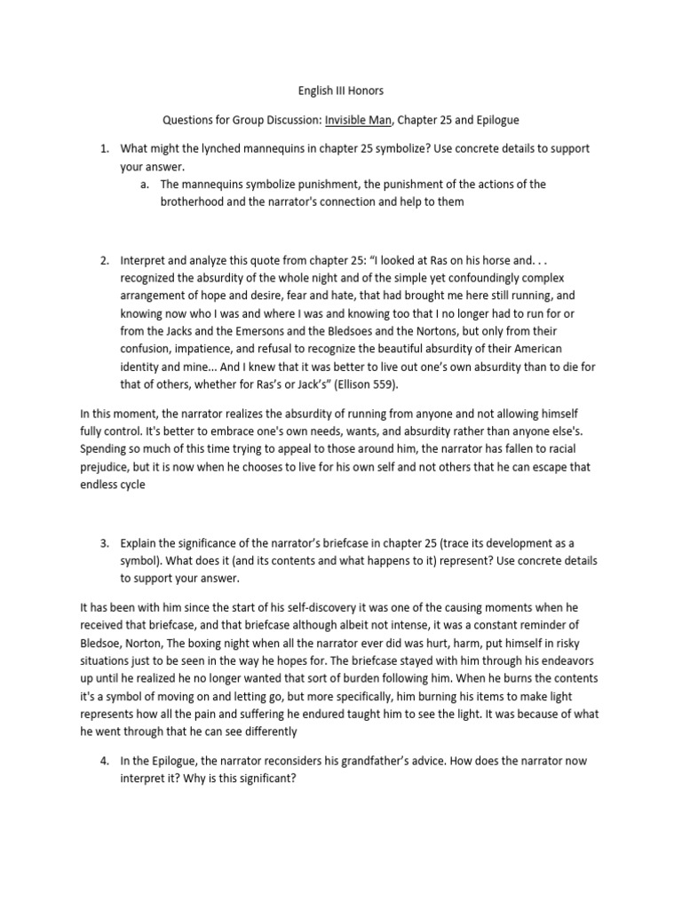 Invisible Man CH 25 and Epilogue Questions | PDF