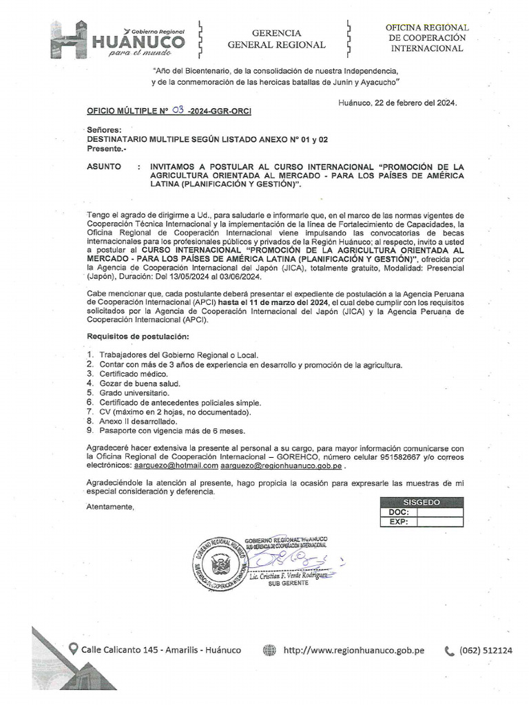 04 Oficio MÙlt 2024 Grh Ggr Orci Beca Prom Agricult Mercado PaÌses AmÉr Jica 21 2 24 Ok Pdf
