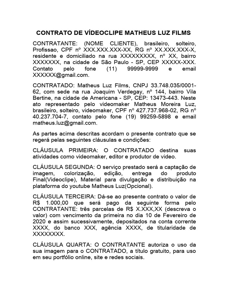 Contrato de Vídeoclipe Matheus Luz Films | PDF