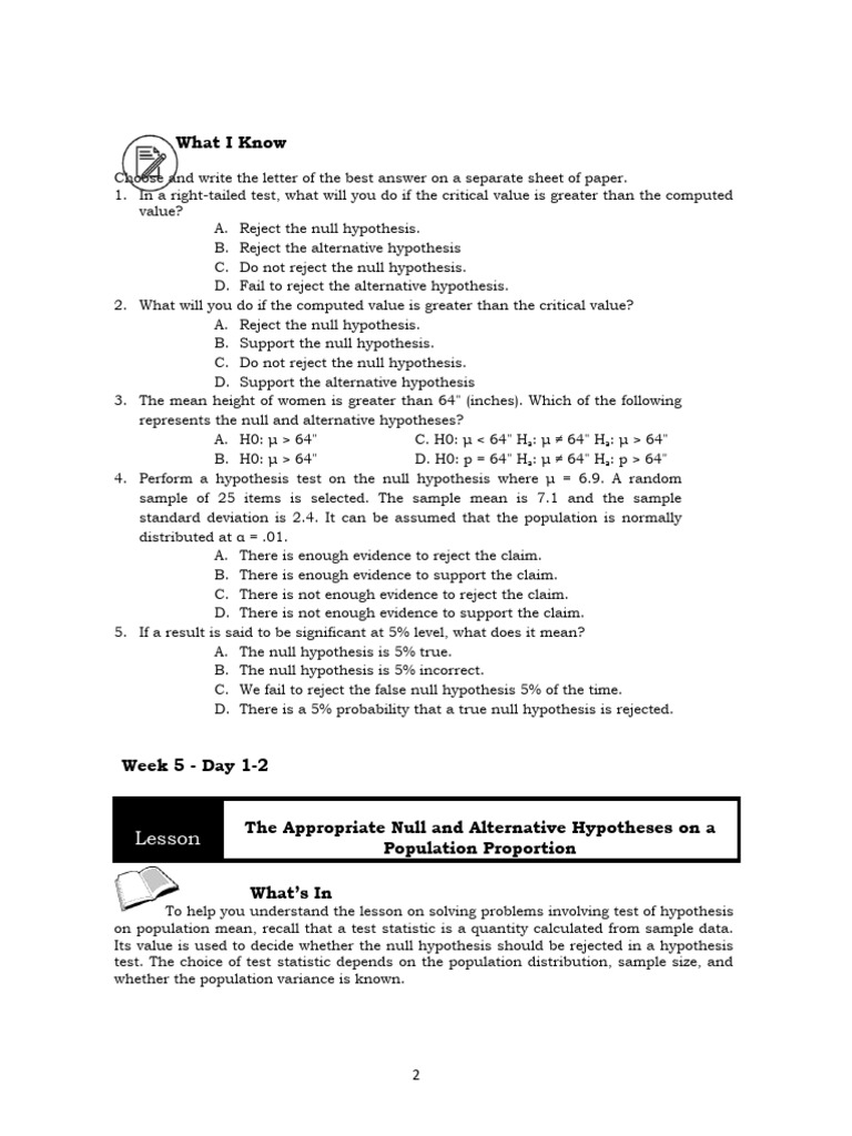 Statistics Week 5 Pdf Hypothesis Statistical Hypothesis Testing