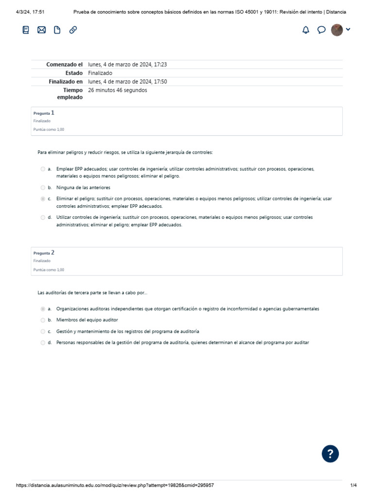 Prueba de Conocimiento Sobre Conceptos Básicos Definidos en Las Normas ISO 45001 y 19011 ...