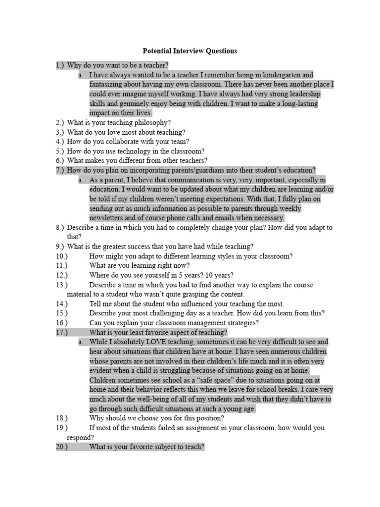 Potential Interview Questions | PDF | Teachers | Classroom