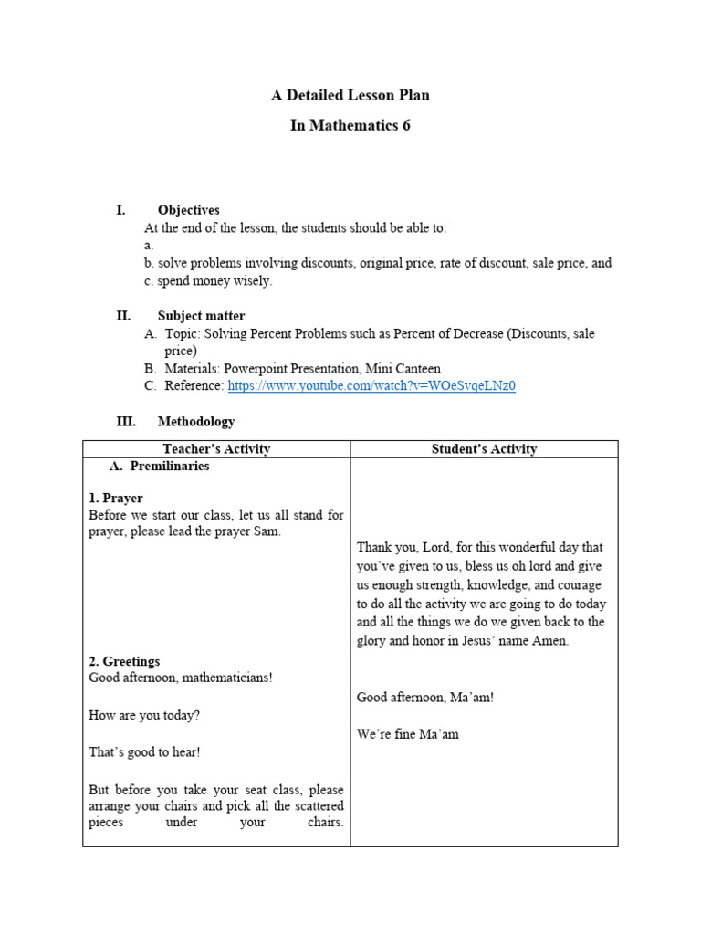 A Detailed Lesson Plan in Math 6 | PDF | Discounts And Allowances
