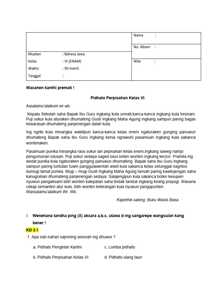 Soal PTS 2 Bahasa Jawa Kelas 6 K13 | PDF
