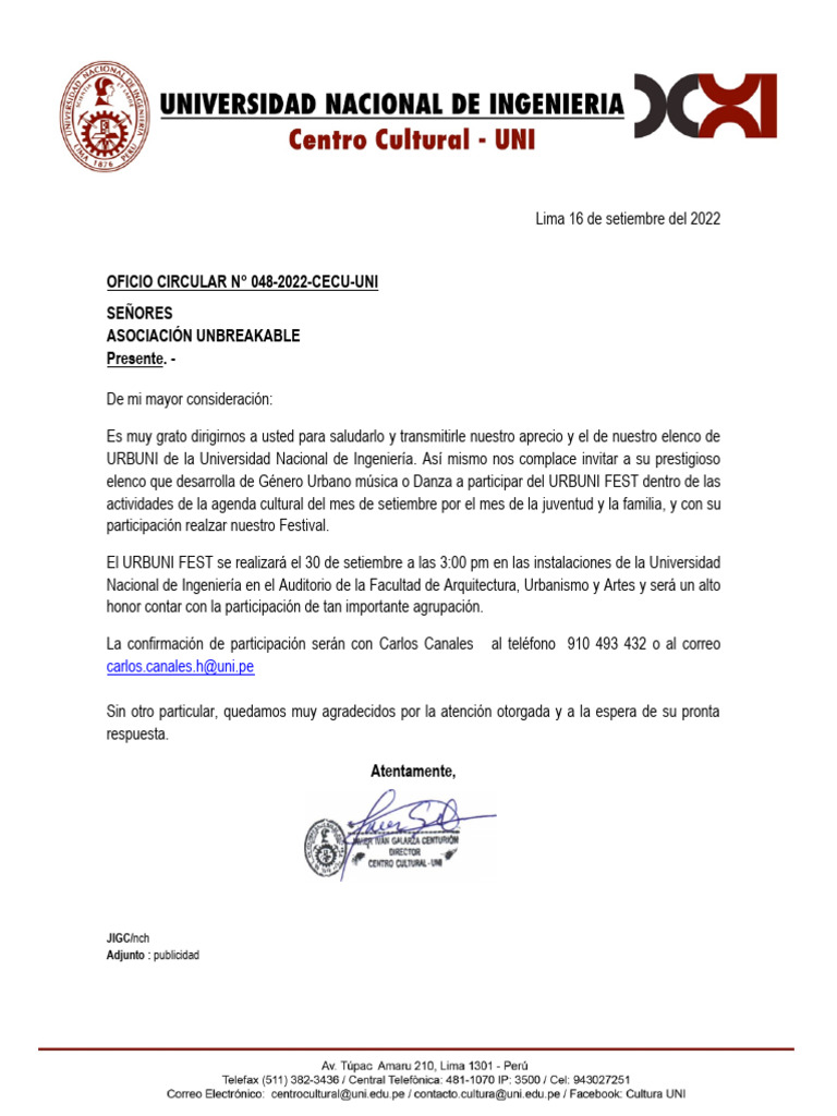 Asociación Unbreakable - Oficio Circular #048-2022-Cecu-Uni - Urbuni Fest | PDF