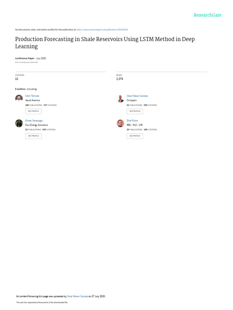 Urtec 2878 Production Forecasting In Shale Reservoirs Using Lstm Method In Deep Learning Pdf