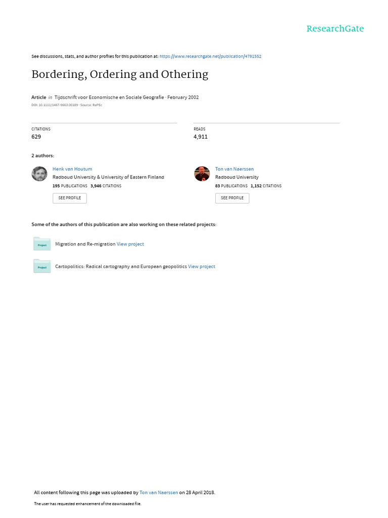 Van Houtum y Van Naerssen, 2002 Bordering, Ordering and Othering | PDF ...