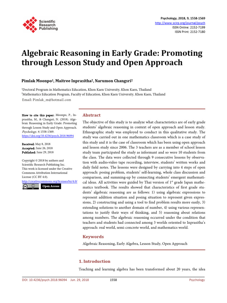Algebraic Reasoning in Early Grade - Promoting Through Lesson Study and ...