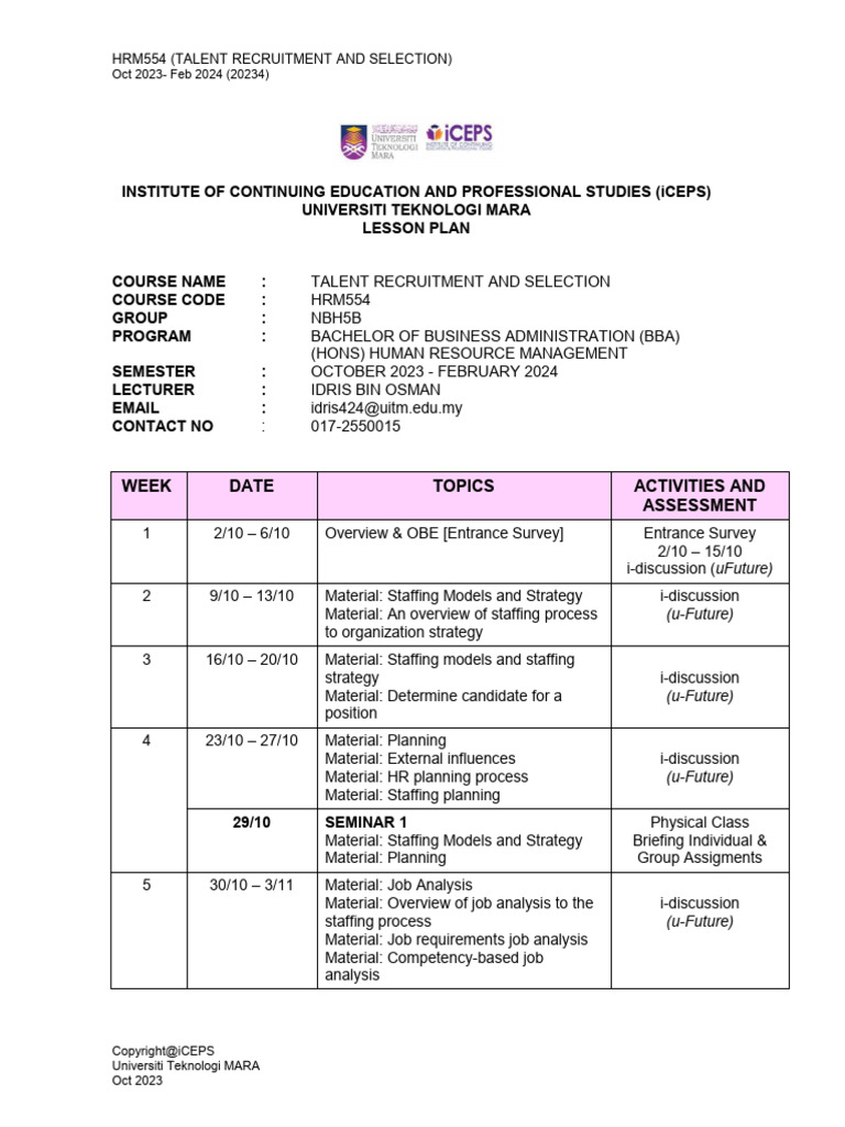 Lesson Plan HRM554 NBH5B | PDF | Recruitment | Human Resources