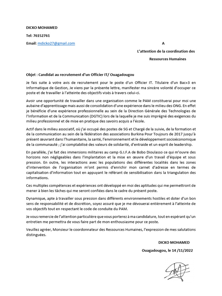 Candidature de Dicko Mohamed pour Officier IT | PDF | Gestion des ...