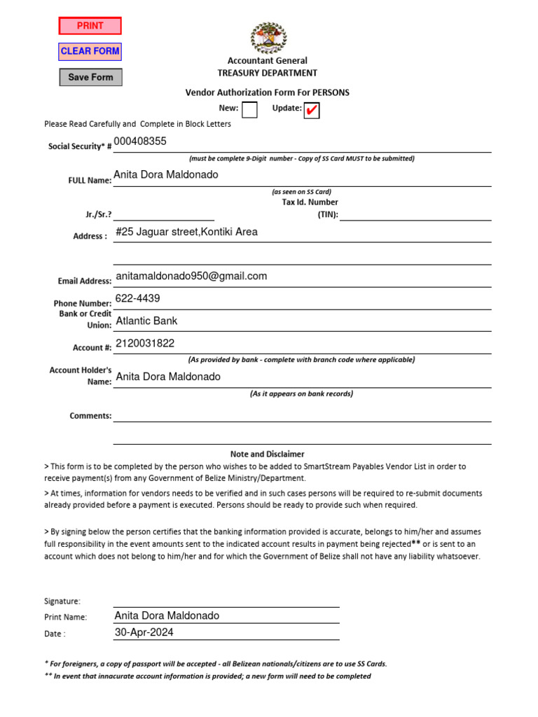 Government of Belize Vendor Authorization Form | PDF | Banks