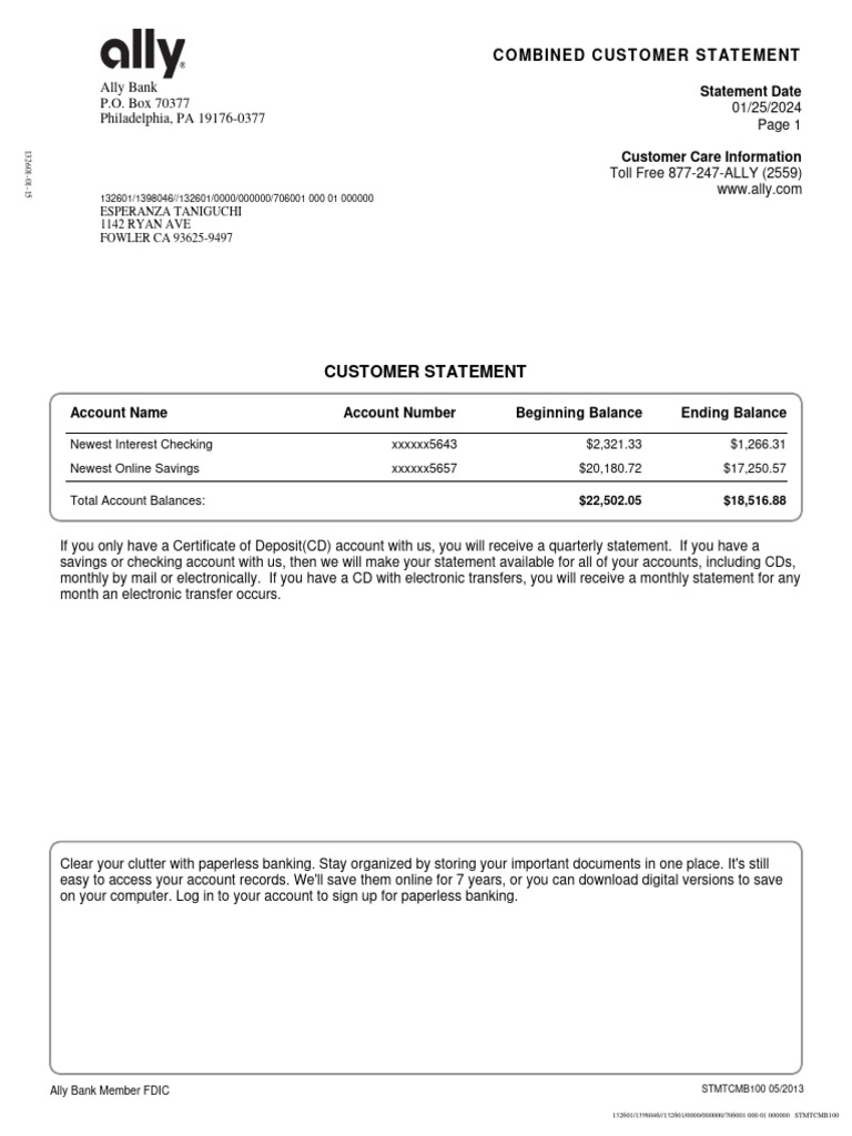 Ally Bank Customer Statement Summary | PDF | Overdraft | Debit Card