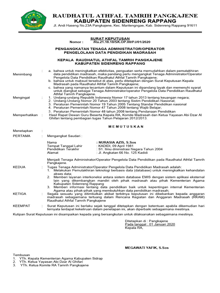 Contoh SK Operator RA | PDF