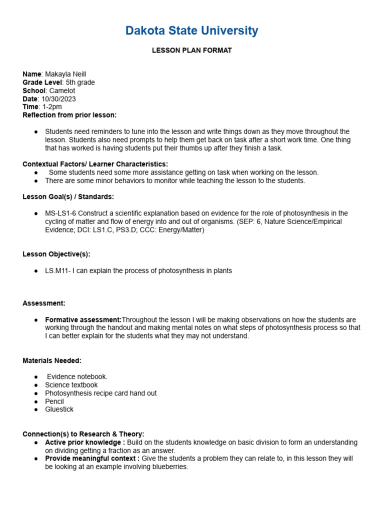 Lesson Plan - 5th Grade Photosynthesis 1 | PDF | Science | Knowledge