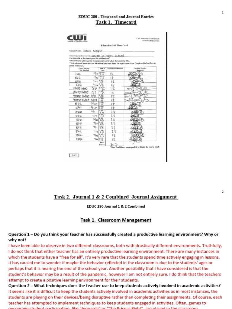 Educ 280 Signature Assignment Timecard and Journal Entries | PDF | Teachers | Curriculum