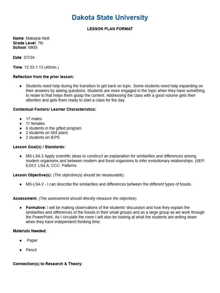 7th Grade Fossil Lesson Plan | PDF | Lesson Plan | Cognitive Science