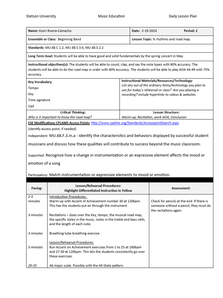2-19-2024 Period 2 Lesson Plan | PDF | Clef | Lesson Plan