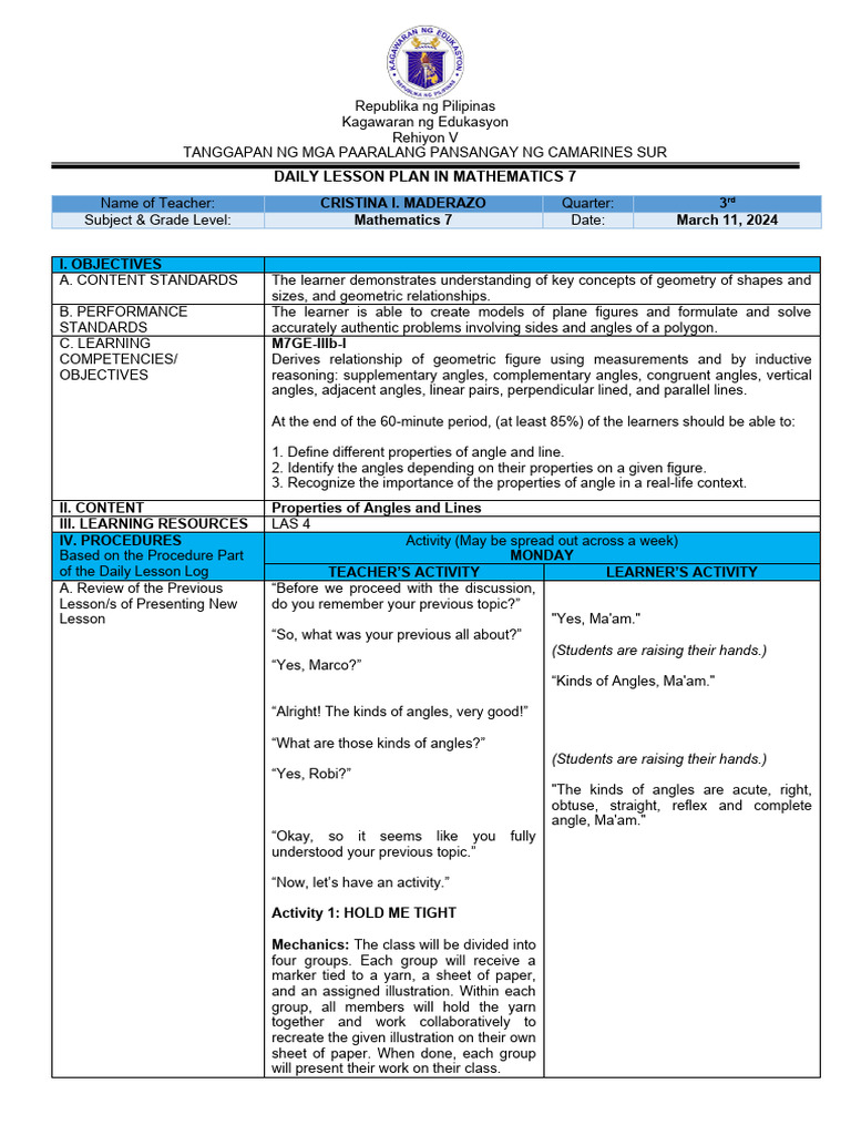 Math 7: Angles & Lines Lesson Plan | PDF | Angle | Perpendicular