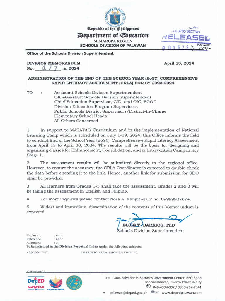 DM No. 177 S. 2024 Administration of The End of The School Year Eosy ...