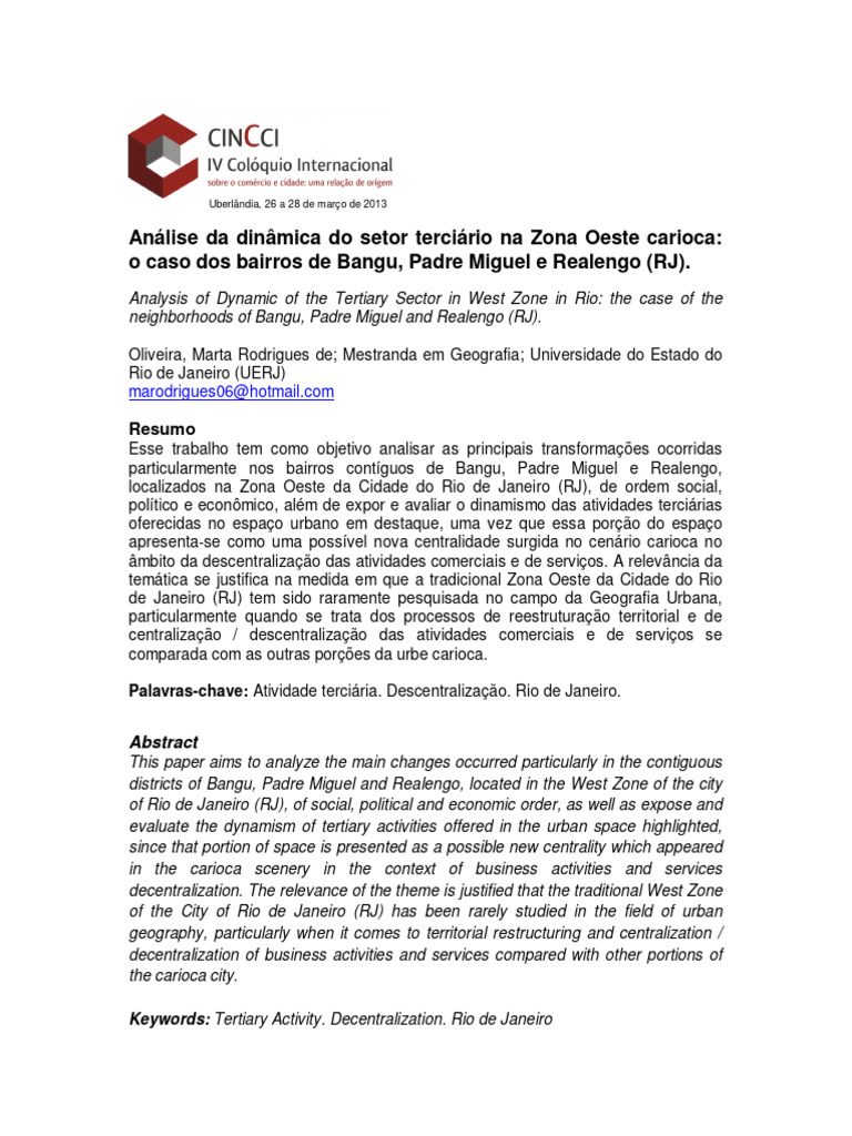 Análise Da Dinâmica Do Setor Terciário Na Zona Oeste Carioca - O Caso ...