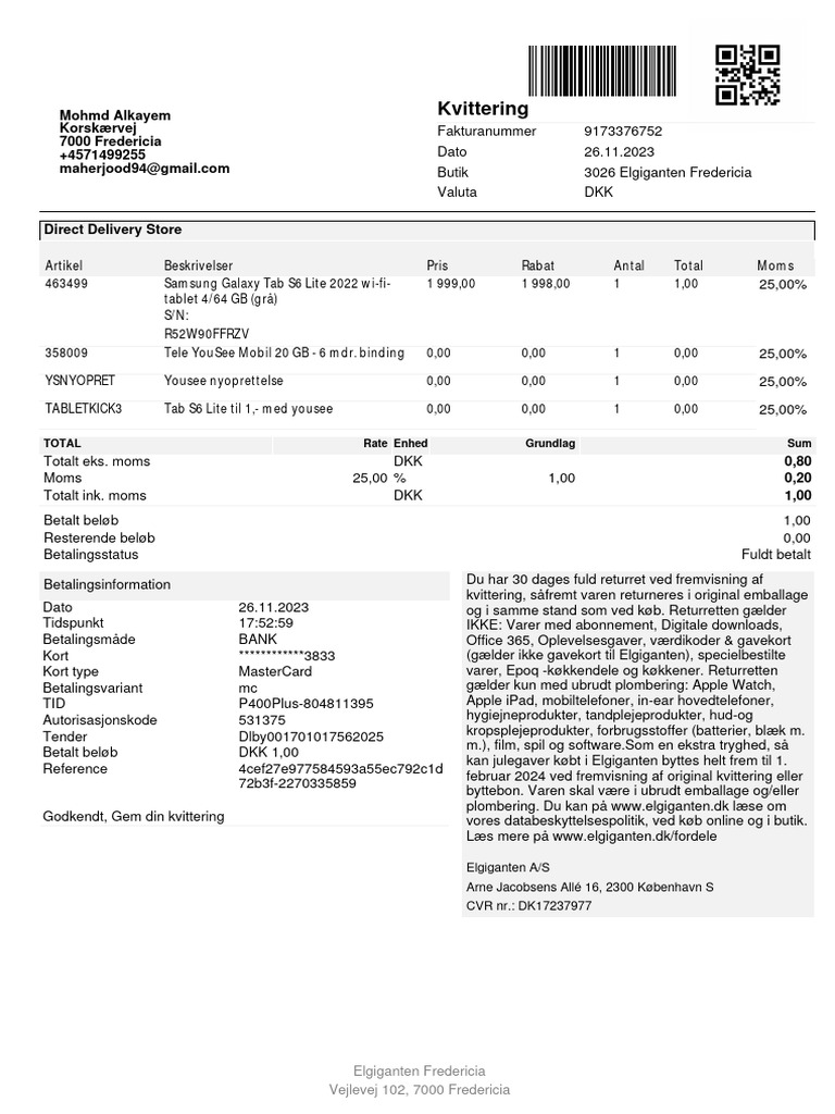 Kvittering: Mohmd Alkayem Korskærvej 7000 Fredericia +4571499255 | PDF