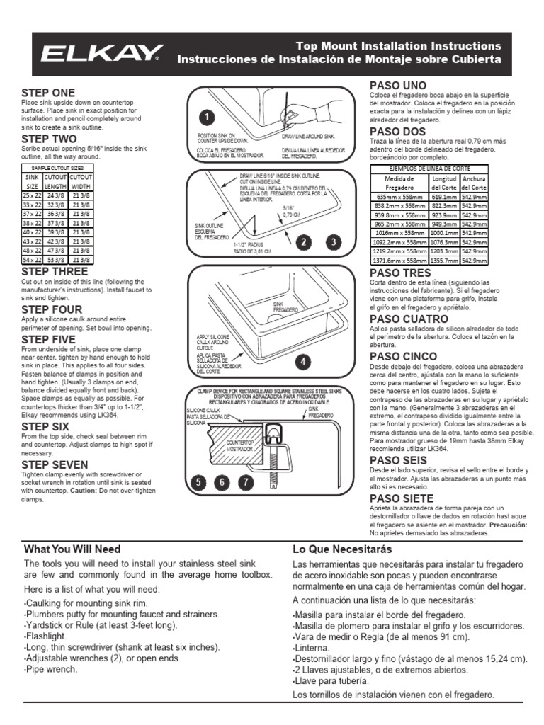 Step One Paso Uno: Top Mount Installation Instructions Instrucciones de ...