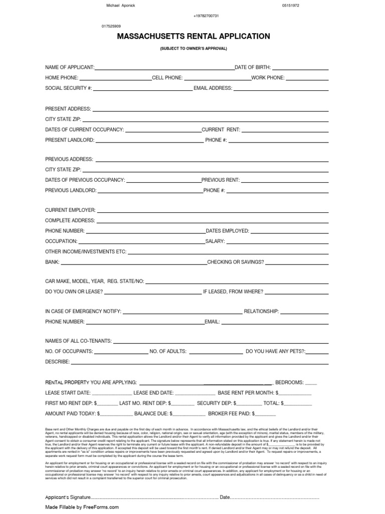 Massachusetts Residential Rental Application | PDF | Renting | Lease