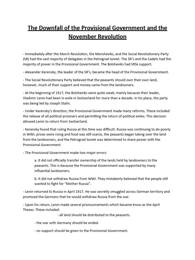 Notes-The Downfall of The Provisional Government and The November ...
