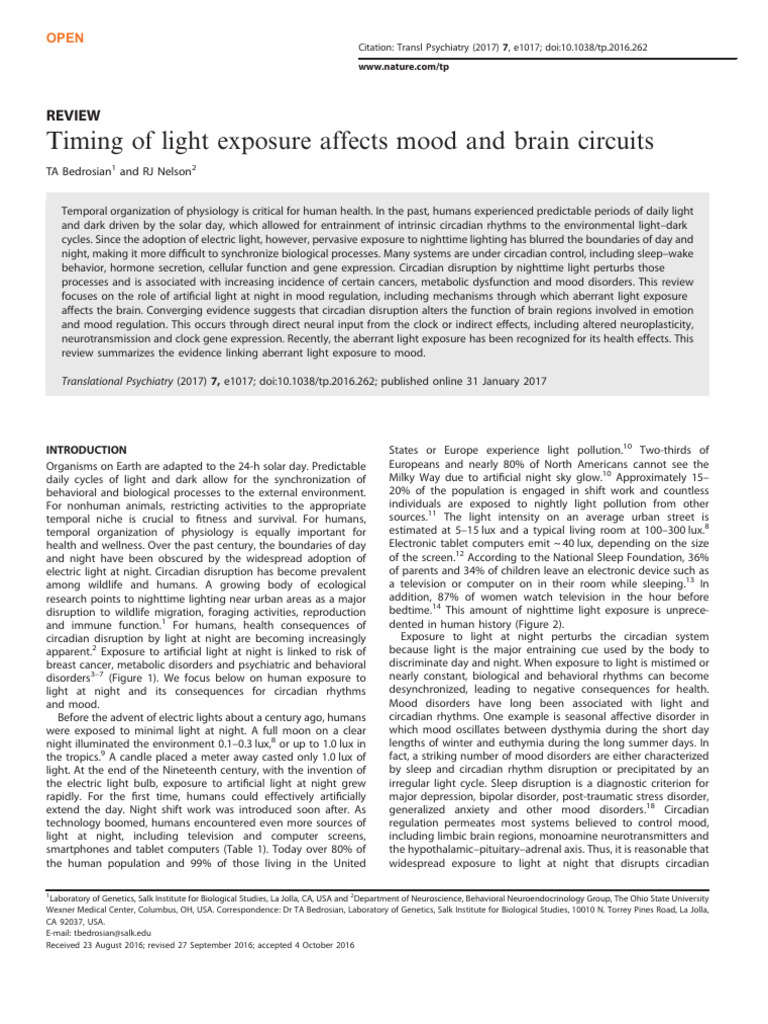 Timing of Light Exposure Affects Mood and Brain Circuits | PDF ...