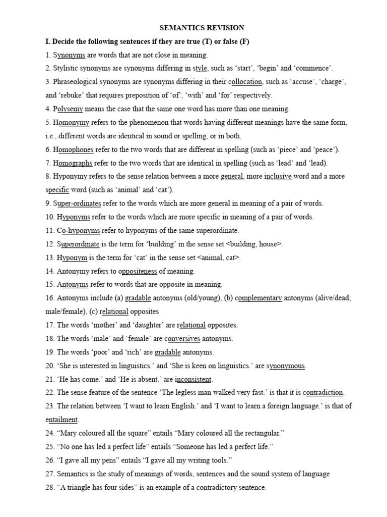 Linguistics and Semantics Quiz | PDF | Lexical Semantics | Interpretation (Philosophy)