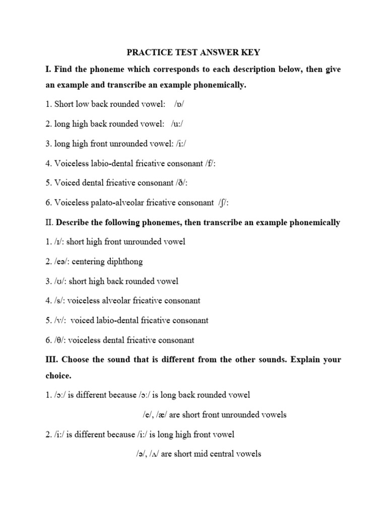 Phonetics Practice Test Answer Key | PDF | Consonant | Vowel