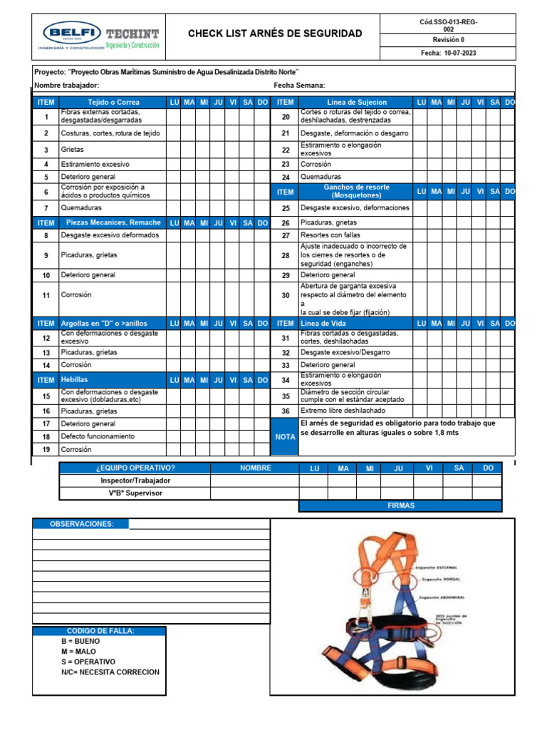 SSO-013-REG-002 - 0 - Check List - Arnes de Seguridad | PDF SSO-013-REG-002 - 0 - Check List - Arnes de Seguridad | PDF