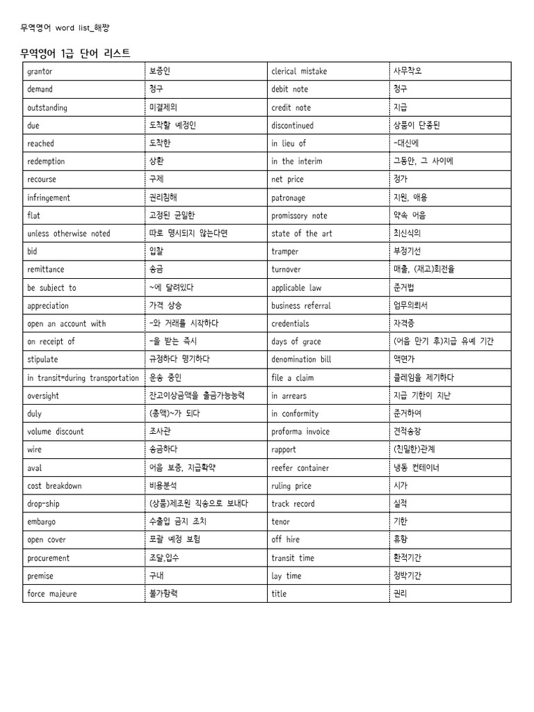 무역영어 1급 단어 리스트 Pdf